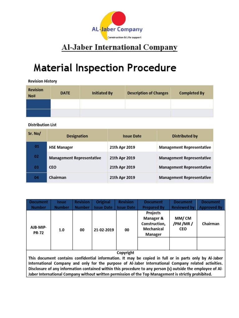 Material Inspection Procedure | Specification (Technical Standard ...