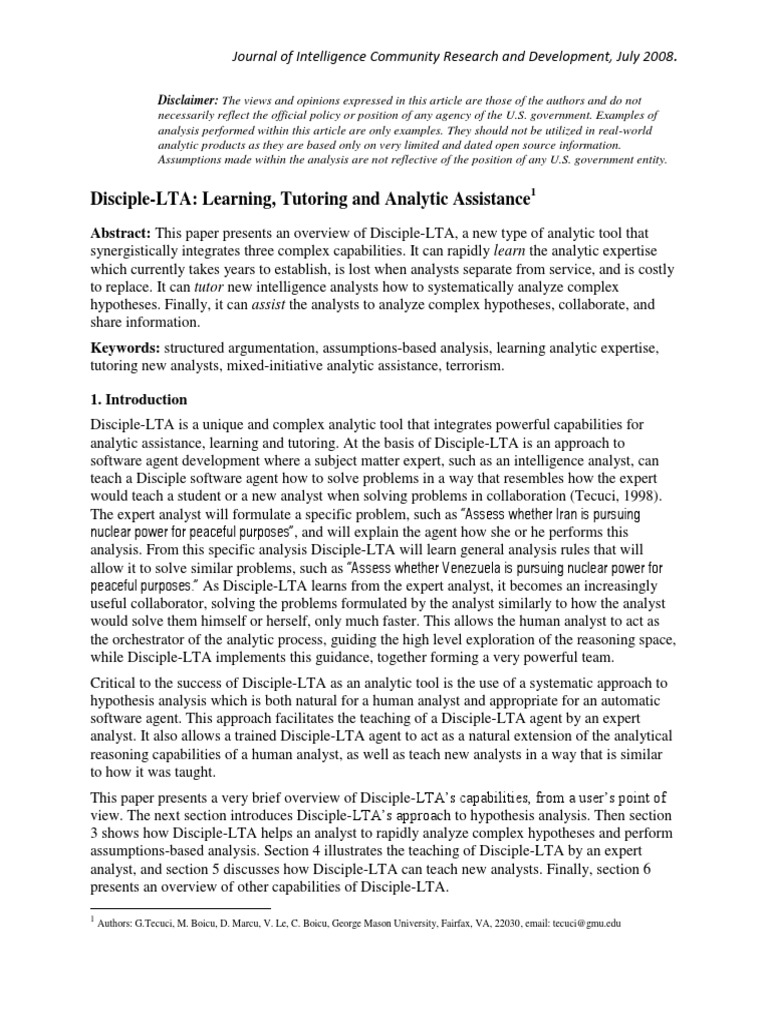 Disciple-LTA: Learning, Tutoring and Analytic Assistance | PDF | Intelligence Analysis | Expert