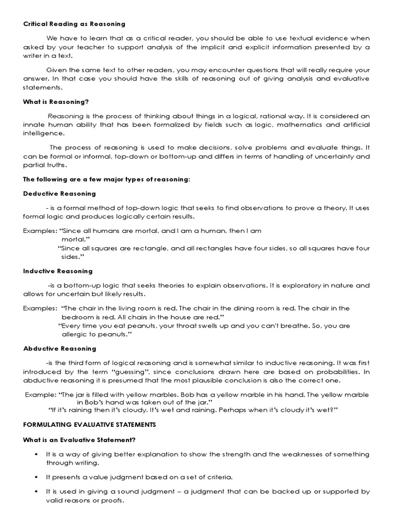 Critical Reading As Reasoning | PDF | Reason | Verb