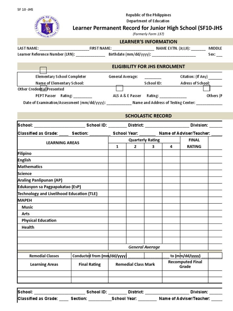 School Form 10 Sf10 Format | PDF | Physical Education | Behavior ...