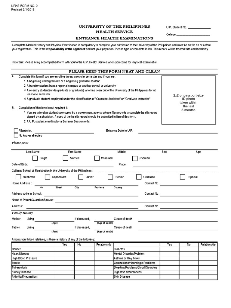 UPHS Entrance Health Form | PDF | Body Mass Index | Obesity