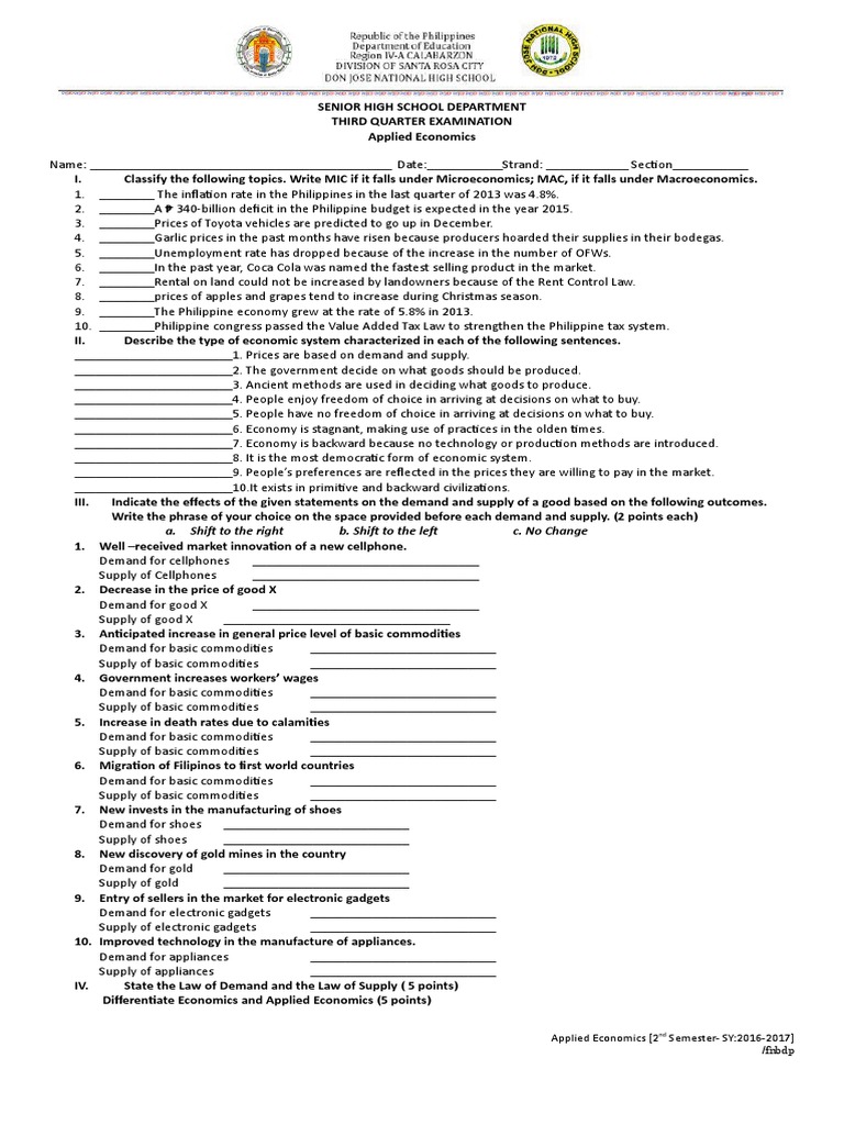 Applied Economics 3rd Quarter Exam | PDF | Commodity | Supply And Demand