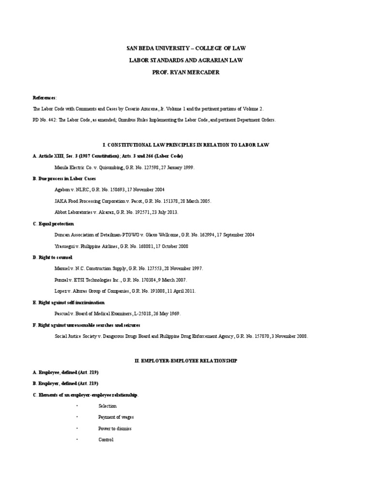 San Beda University - College of Law Labor Standards and Agrarian Law ...