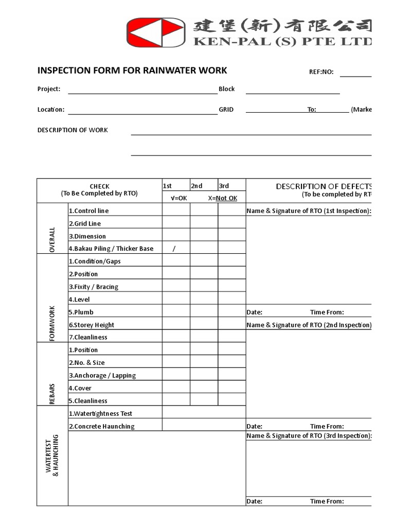 Rainwater Work Inspection Form | PDF | Wall | Pipe (Fluid Conveyance)