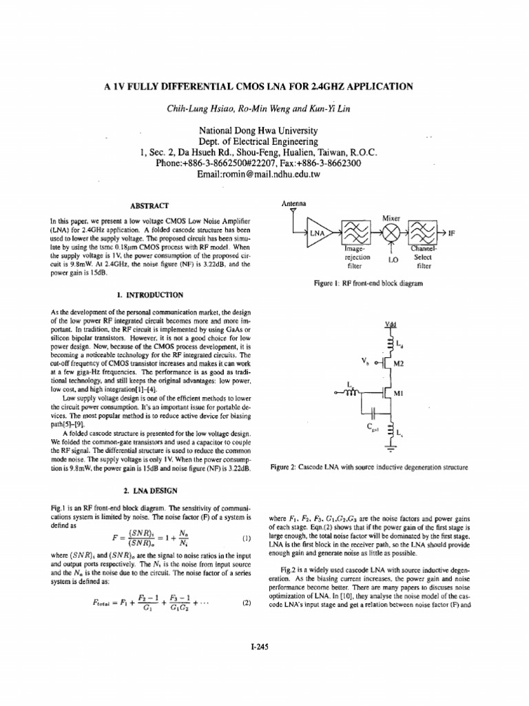 1V CMOS LNA Design for 2.4GHz | PDF | Field Effect Transistor | Mosfet