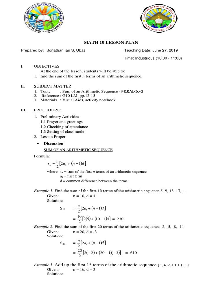Sum of Arithmetic Sequence Lesson Plan | PDF | Analysis | Mathematical ...
