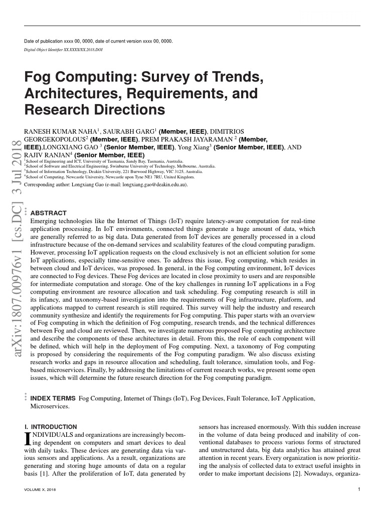 Fog Computing Survey Of Trends Architectures Requirements And Research Directions Pdf