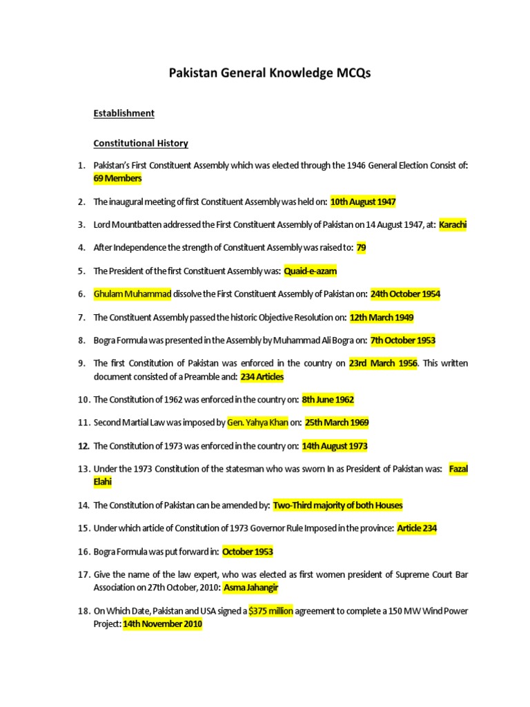 Pakistan General Knowledge MCQs | PDF | Pakistan | Parliament Of Pakistan