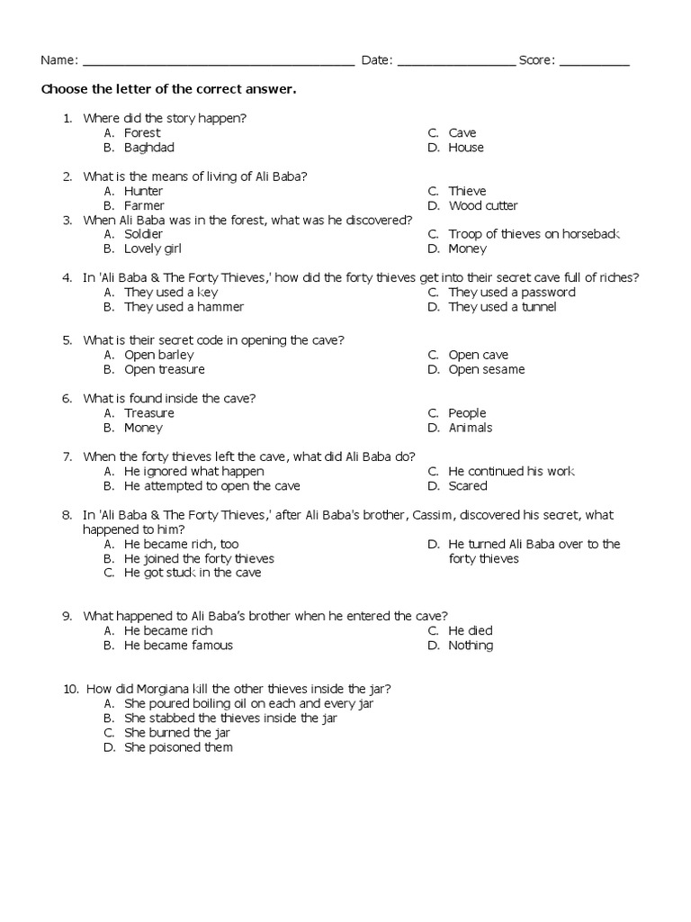 Ali Baba and the Forty Thieves Quiz | PDF