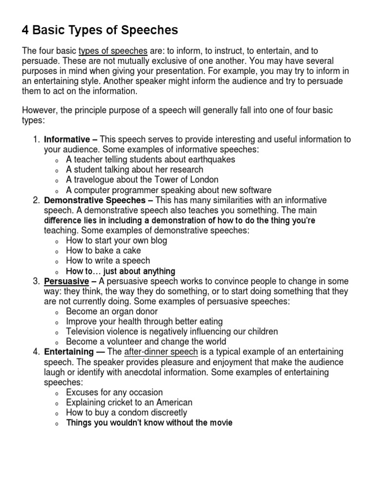 4 Basic Types of Speeches | PDF | Public Speaking | Memory