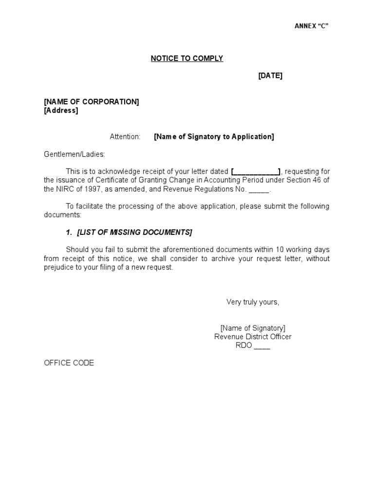 Notice To Comply: 1. (List of Missing Documents) | PDF