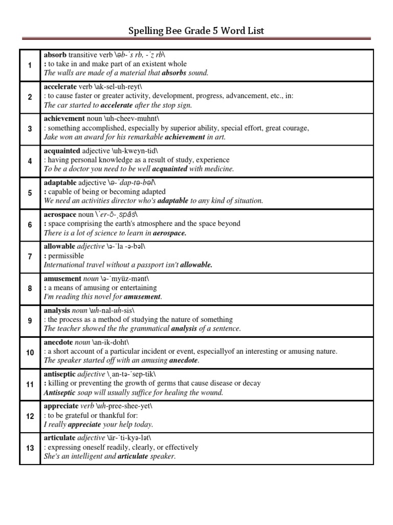 Grade 5 Spelling Bee Word List | PDF | Circulatory System | Adjective