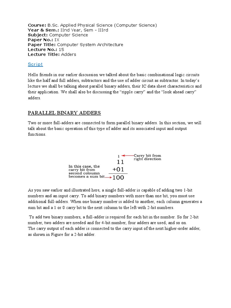 Parallel Binary Adders: Script | PDF | Electronic Circuits | Digital Electronics