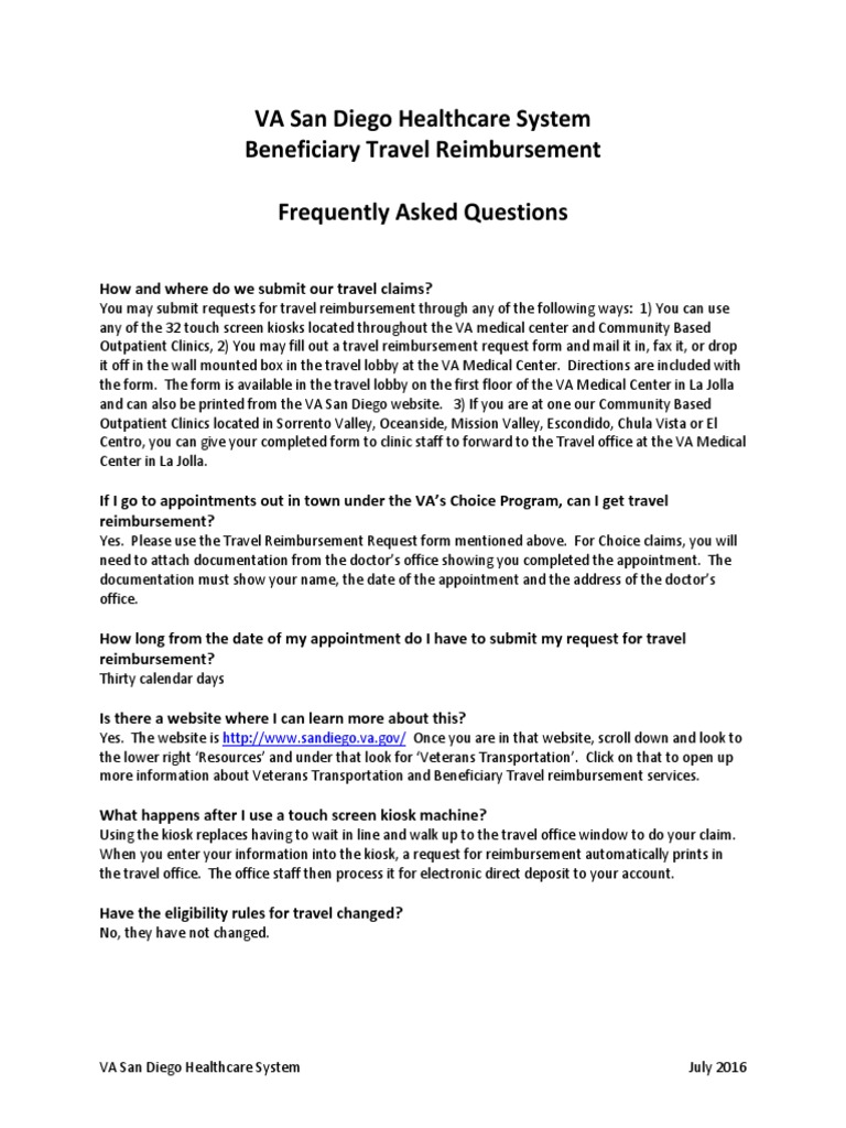 VA San Diego Travel Reimbursement FAQs | PDF | United States Department ...