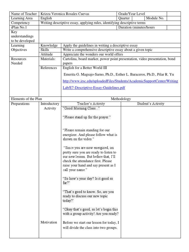 Lesson Plan in Writing A Descriptive Essay | PDF | Senses | Essays