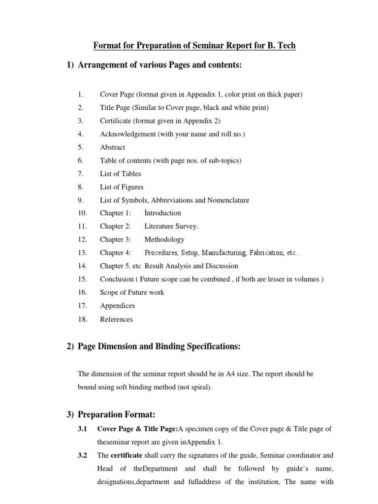 Format For Preparation of Seminar Report For B. Tech 1) Arrangement of ...