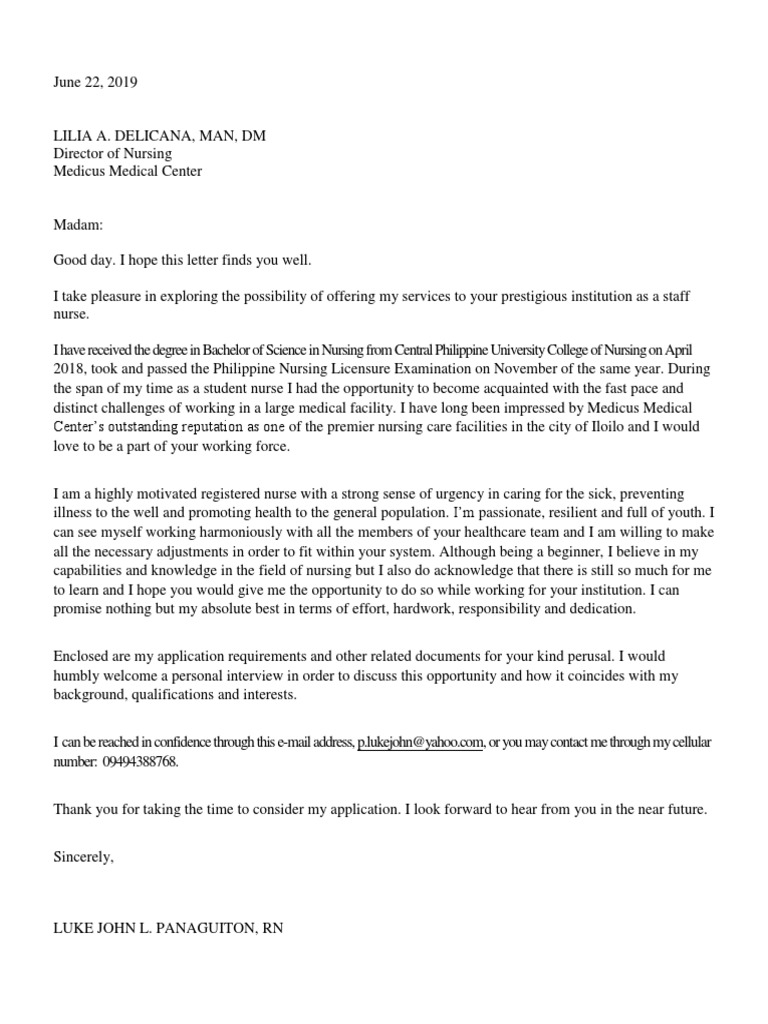 Nurse Application Letter Sample | PDF | Nursing | Health Sciences