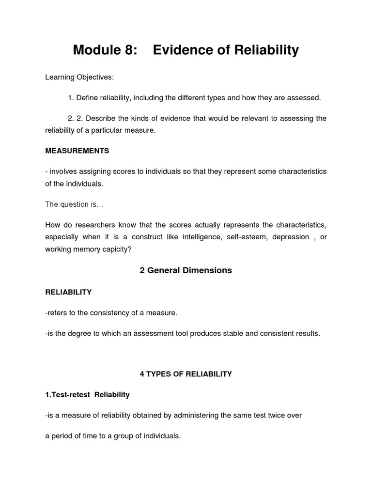 Evidence of Reliability | PDF | Educational Assessment | Psychology