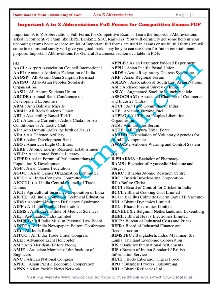 Important A To Z Abbreviations Full Forms For Competitive Exams PDF ...