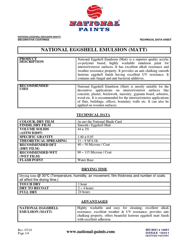 National Eggshell Emulsion (Matt) Guide | PDF | Paint | Plaster