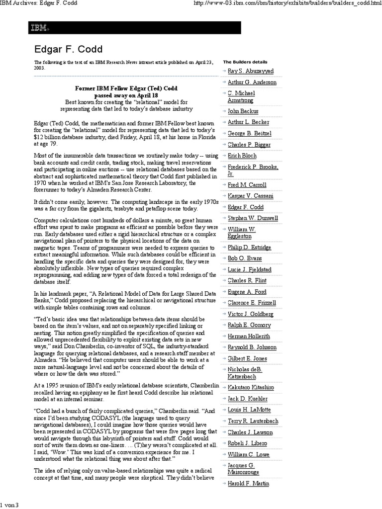 Edgar F. Codd: Father of Relational Databases | PDF | Relational ...