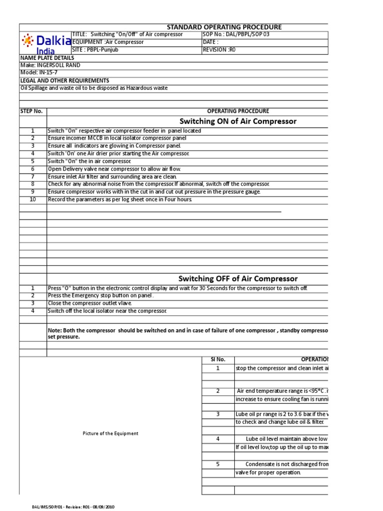 Air Compressor SOP: On/Off Procedure | PDF | Chemical Engineering ...