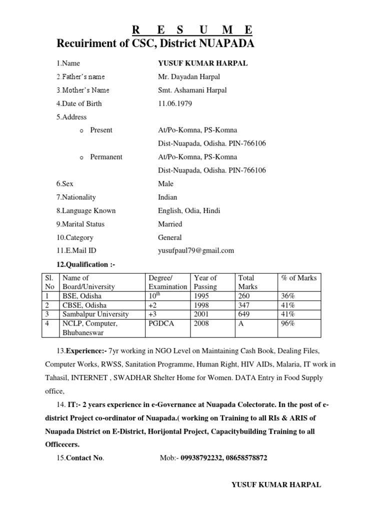 R E S U M E Recuiriment of CSC, District NUAPADA: Yusuf Kumar Harpal | PDF