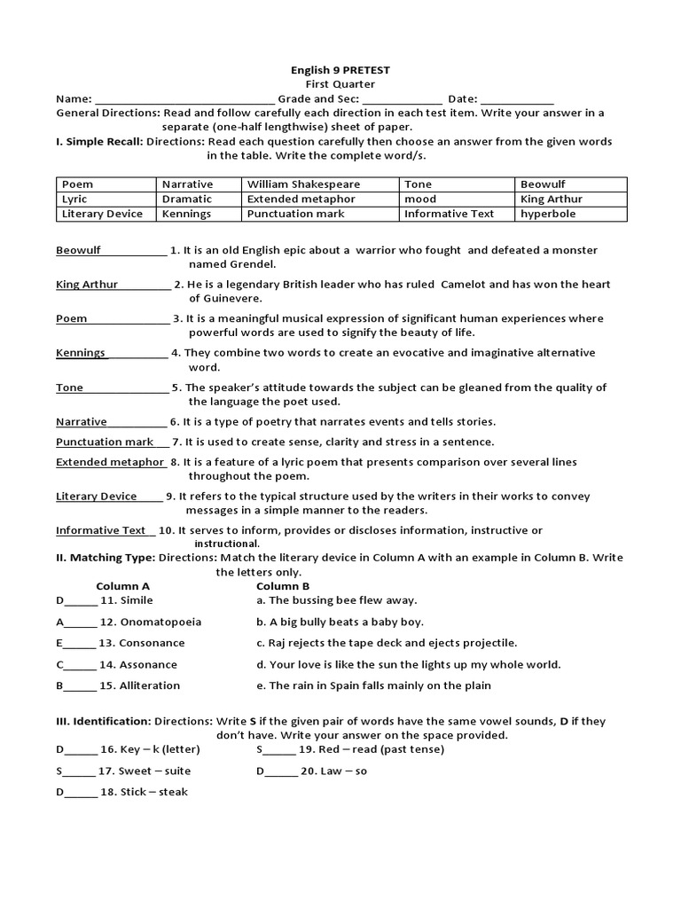 Pre Test in English 9 With Answers | PDF | Poetry | Narrative