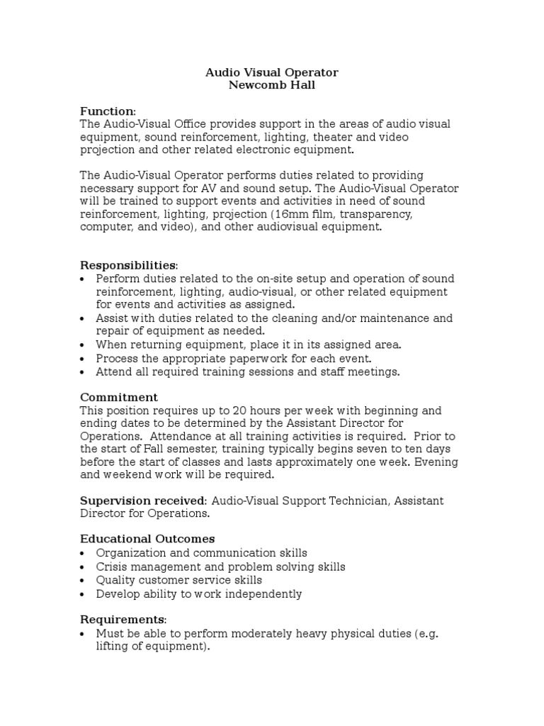 AV Operator Supports Events Newcomb Hall | PDF