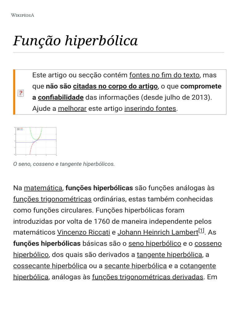 Função Hiperbólica - Wikipédia, A Enciclopédia Livre | PDF | Cálculo ...