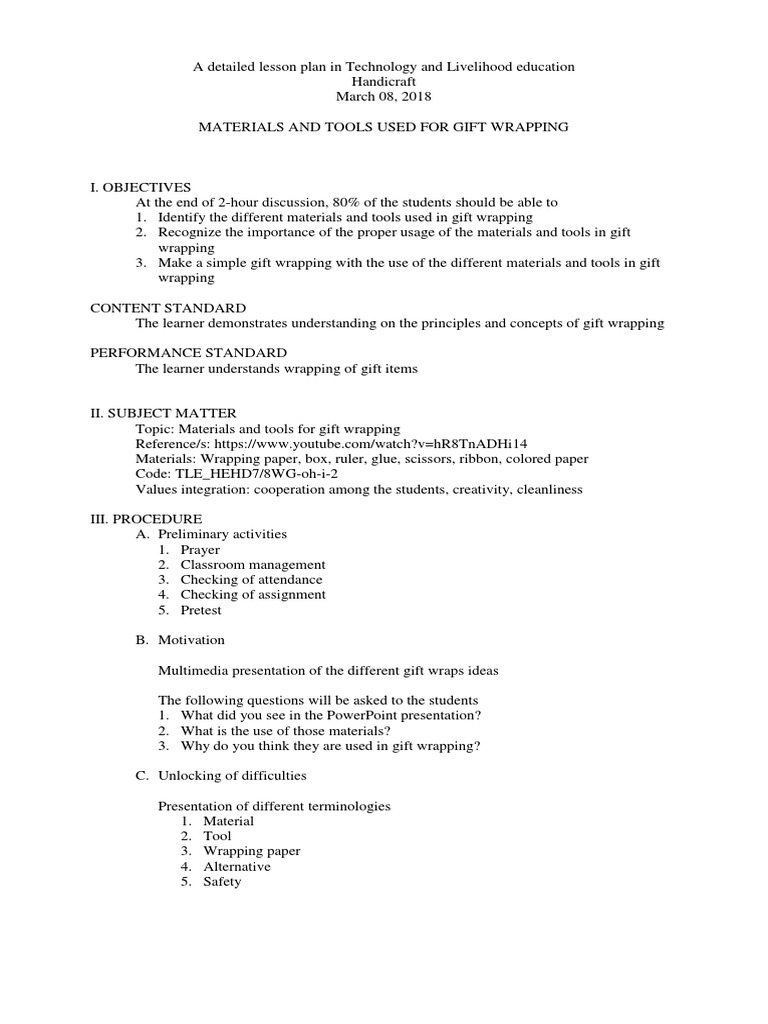 Detailed Lesson Plan in Handicraft | PDF | Scissors | Adhesive