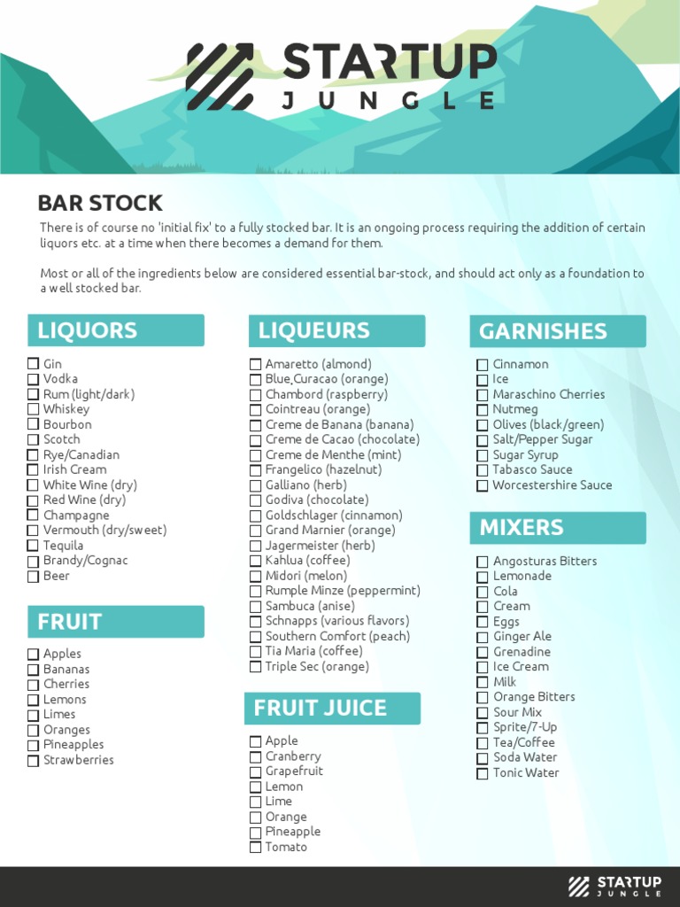 SUJ Bar Essentials Supply Checklist PDF | PDF | Cocktails | Drink