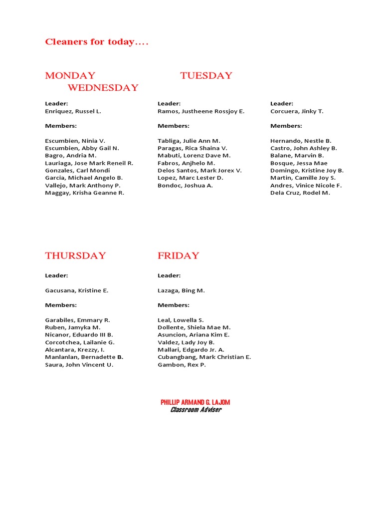 Monday Tuesday Wednesday: Cleaners For Today | PDF