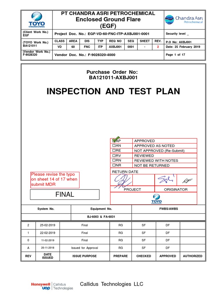 Inspection and Test Plan: Enclosed Ground Flare (EGF) | PDF | Pipe ...