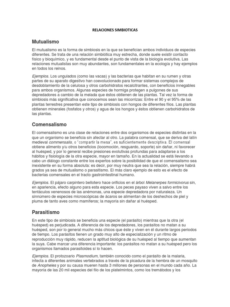 Tipos de Relaciones Simbióticas | PDF | Depredación | Parasitismo