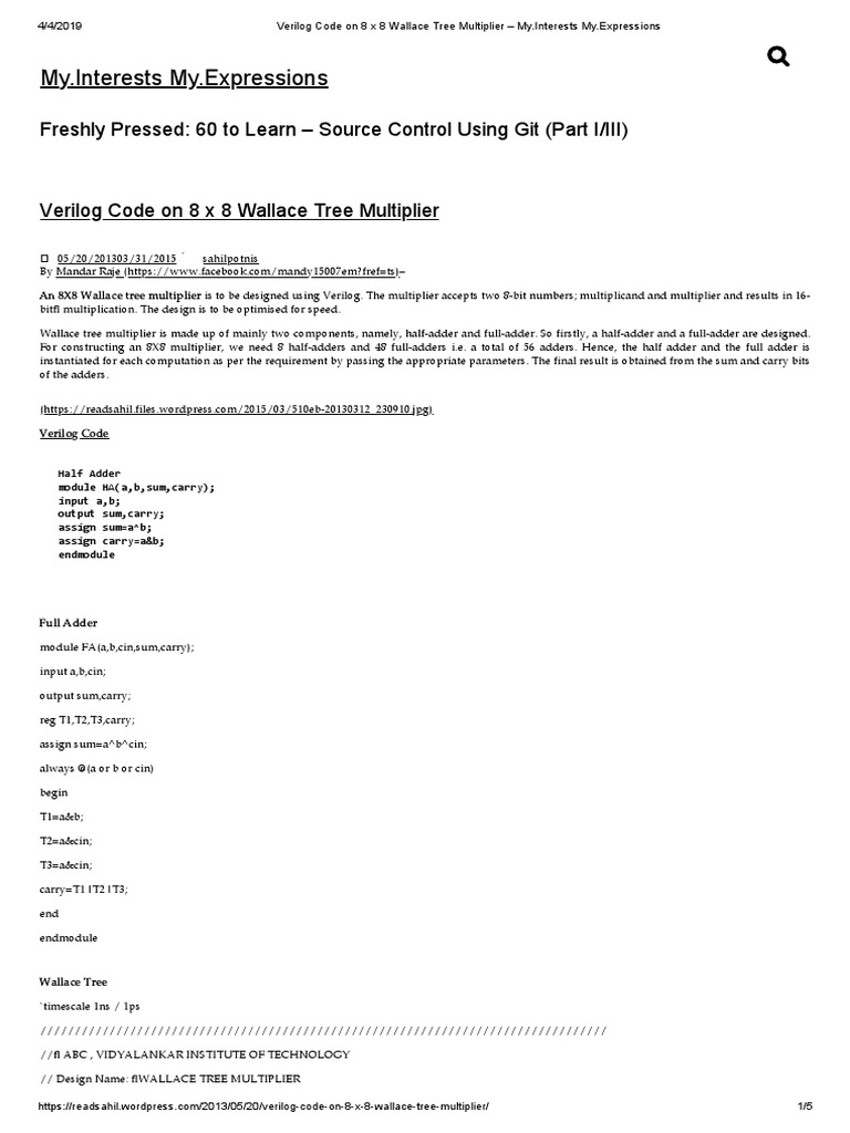 Verilog Code On 8 X 8 Wallace Tree Multiplier | Download Free PDF ...