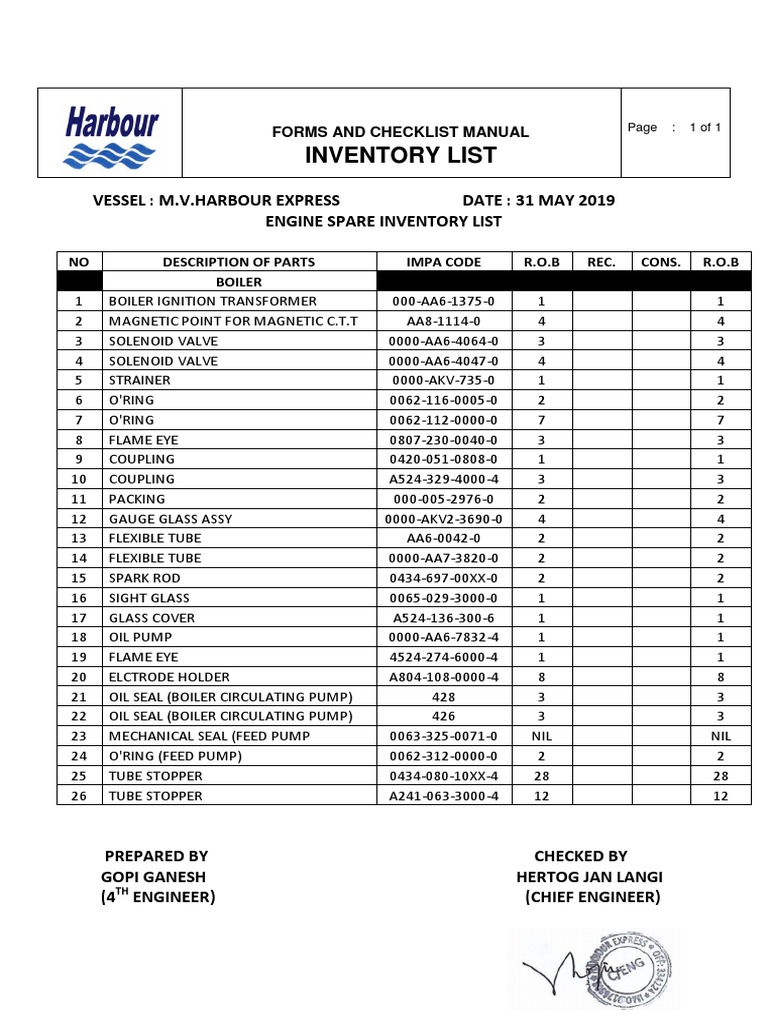 Inventory List: Forms and Checklist Manual | PDF | Engines | Gas ...