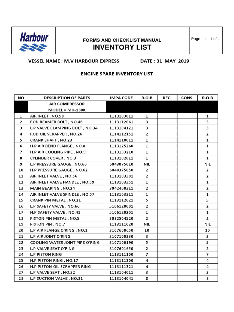 He Air Compressor Inventory 1905 | PDF | Valve | Piston