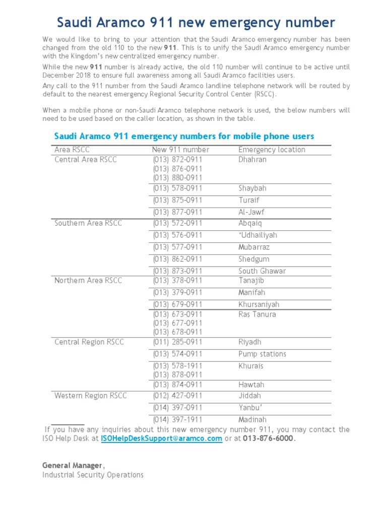 Saudi Aramco 911 New Emergency Number | PDF | 9 1 1 | Telephony