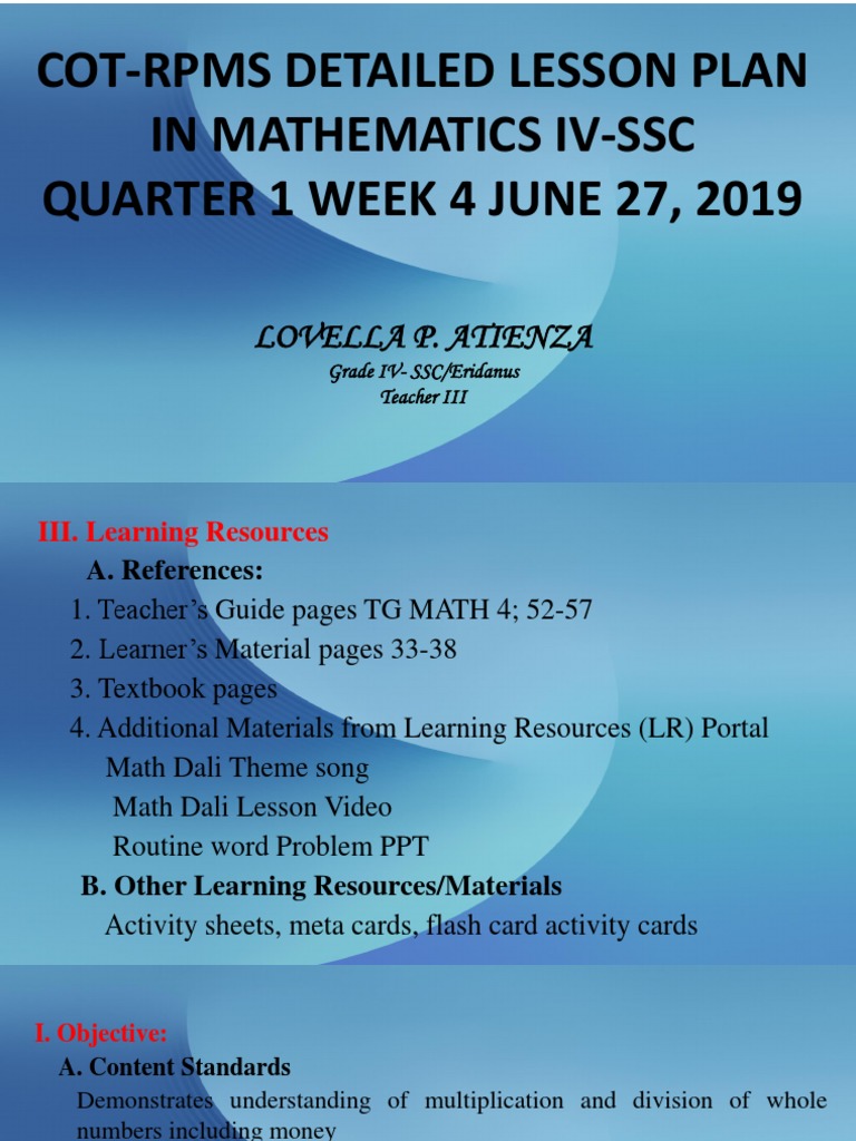 Cot-Rpms q1 Wk4 Math | PDF | Teaching Mathematics | Educational Psychology