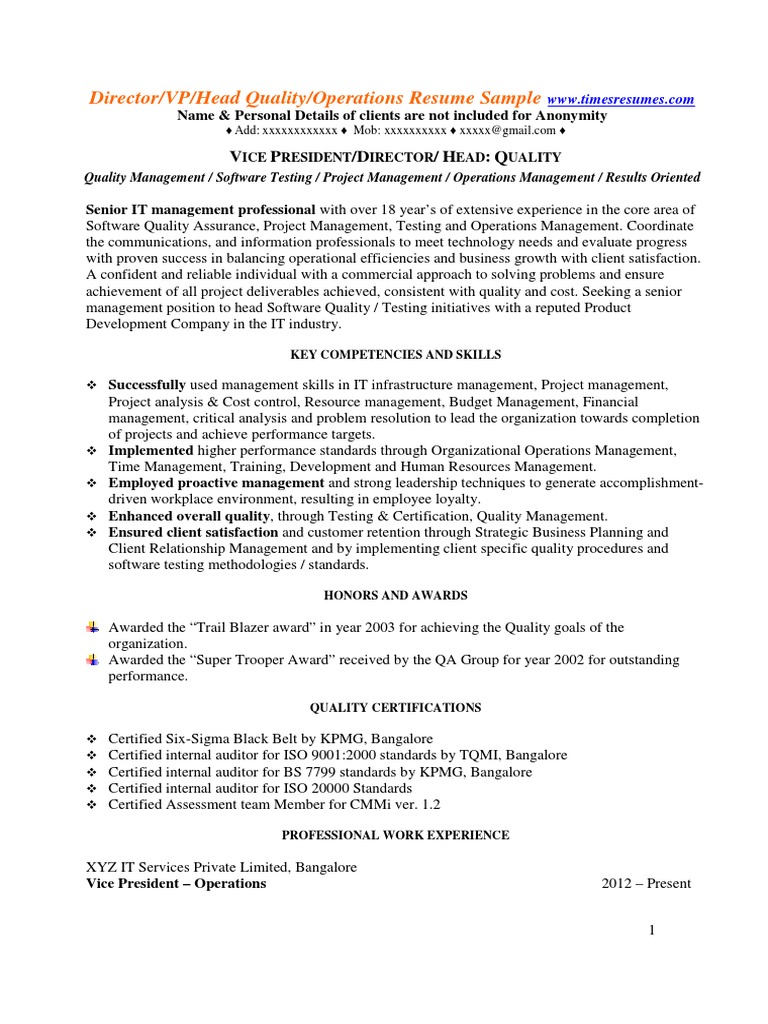 VP IT Operations Quality Control Resume Sample | PDF | Quality ...