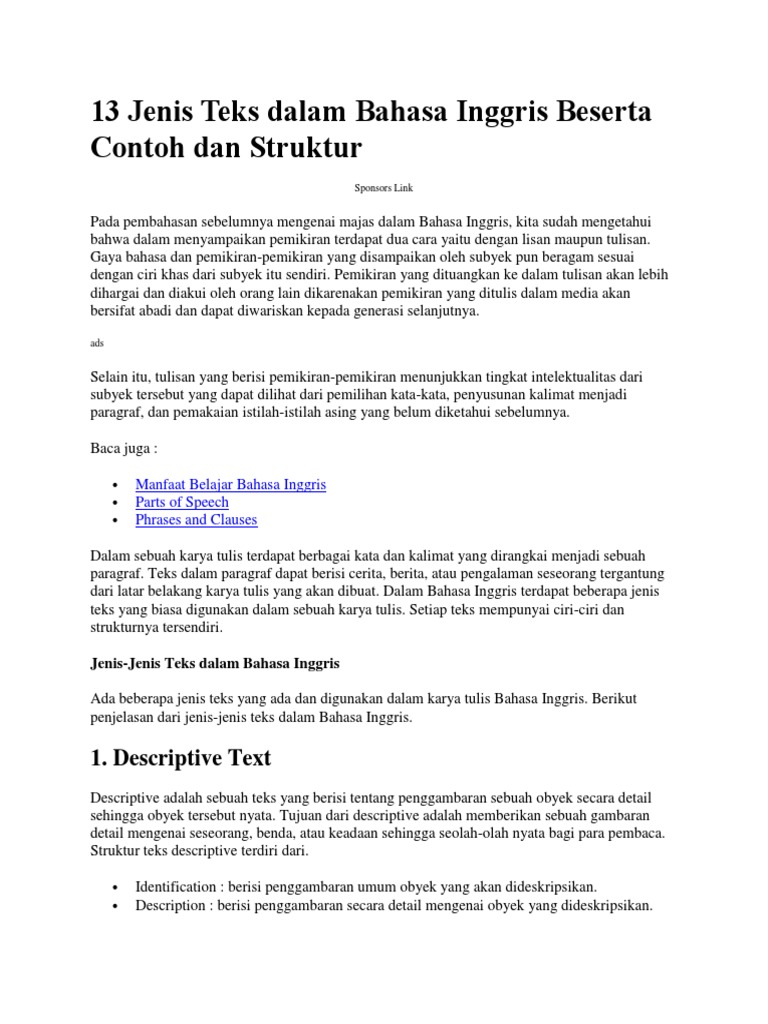 13 Jenis Teks Dalam Bahasa Inggris Beserta Contoh Dan Struktur | PDF