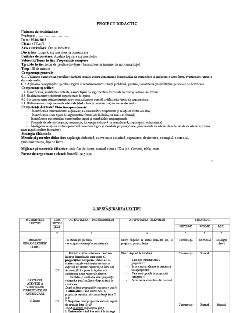 Proiect Didactic - Propozitii Compuse | PDF