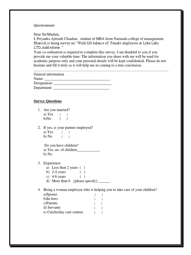Questionnaire Sip | PDF | Work–Life Balance | Telecommuting