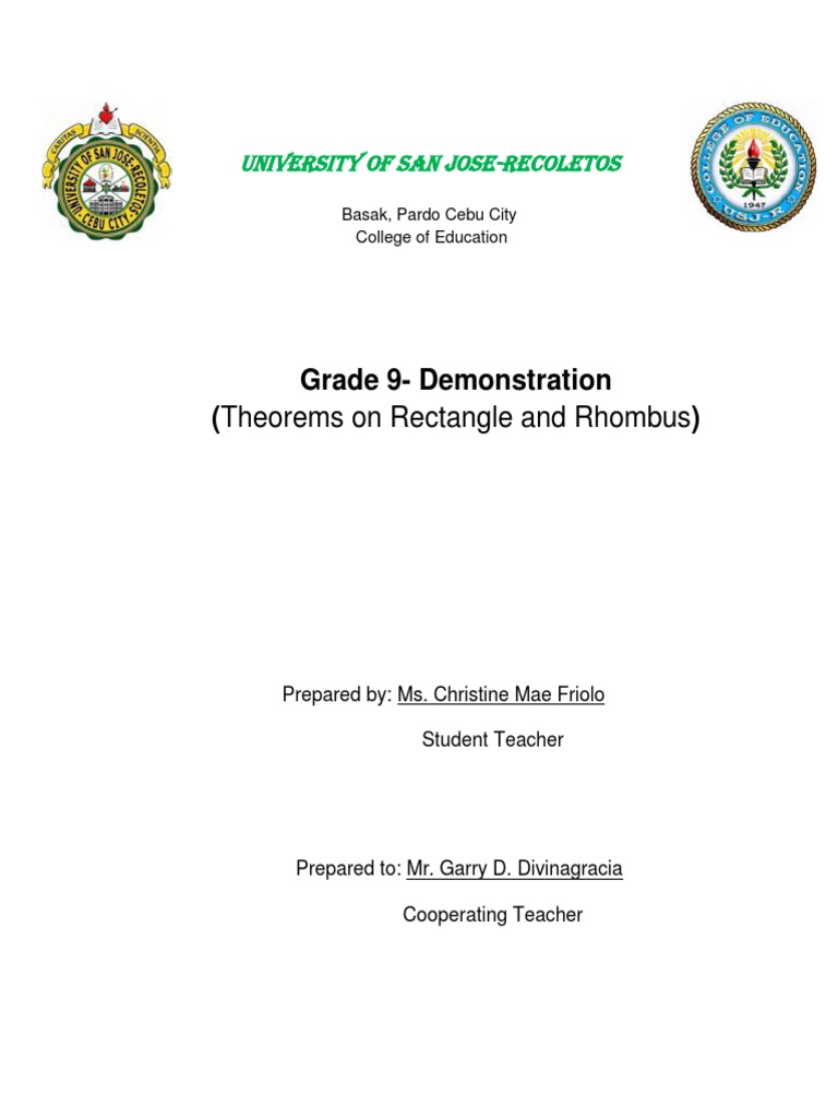 Grade 9-Demonstration (Theorems On Rectangle and Rhombus) : University ...