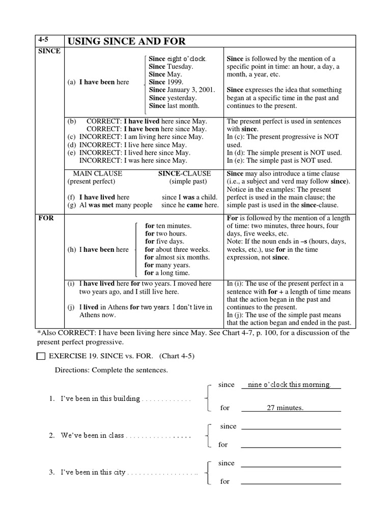 Using Since and For: 4-5 Since Since Is Followed by The Mention of A ...