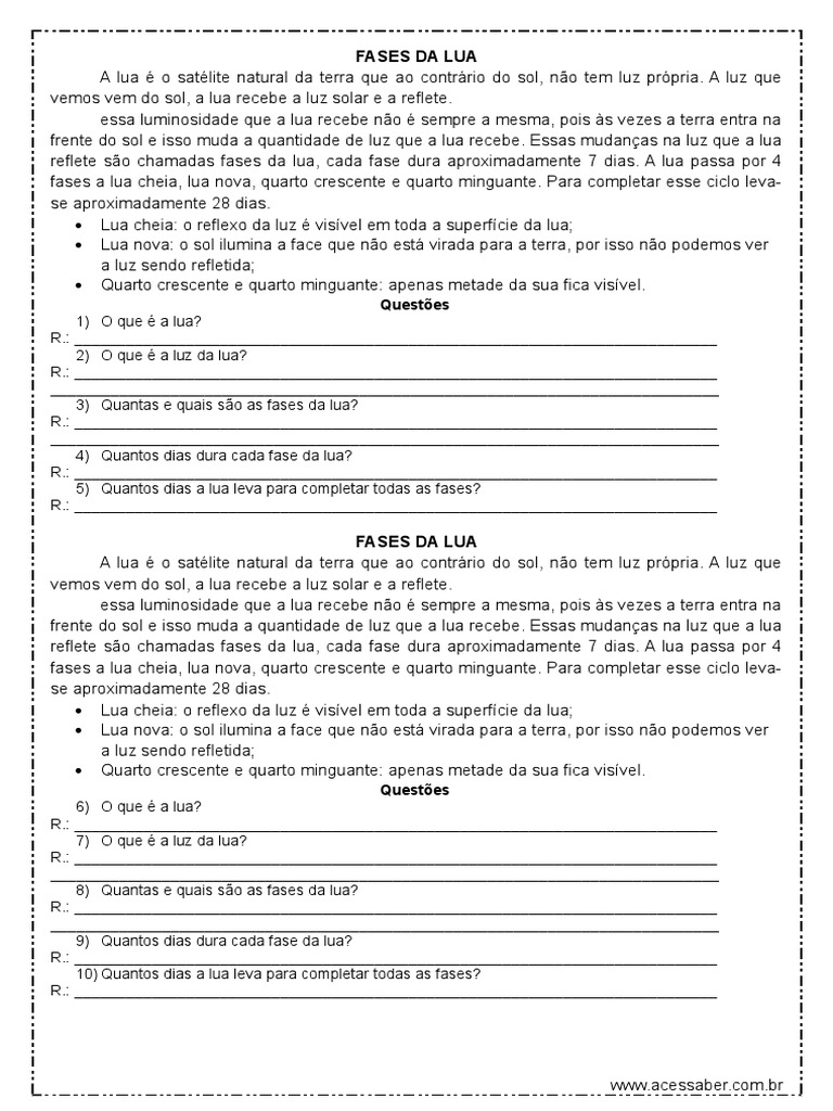 Atividade de Ciencias As Fases Da Lua 4º Ou 5º Ano | PDF | Corpos do ...
