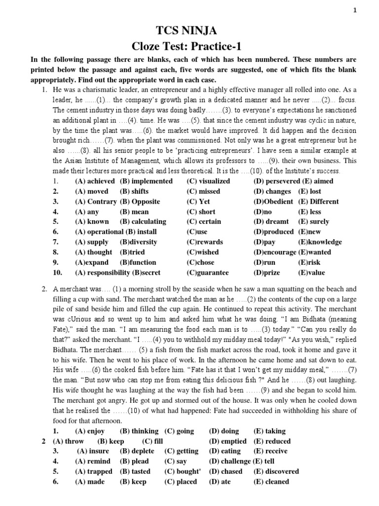 TCS-Cloze Test Practice | PDF