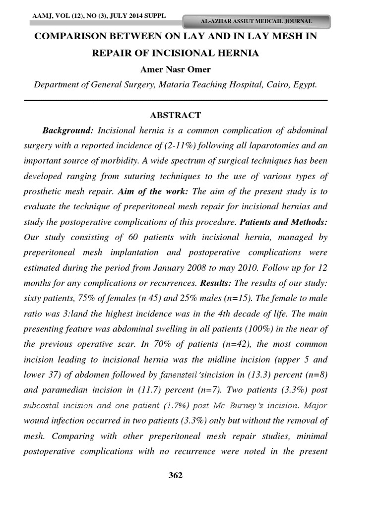 Comparison Between On Lay and in Lay Mesh in Repair of Incisional ...
