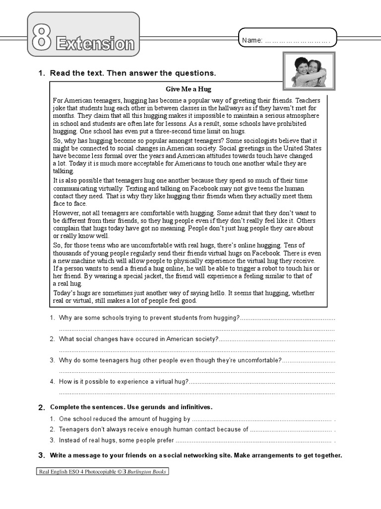 Read The Text. Then Answer The Questions.: Give Me A Hug | PDF ...